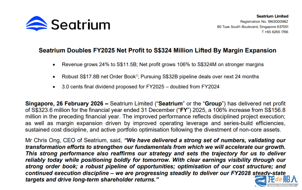 Seatrium Posts 106% YoY Net Profit Surge in 2025, Backlog Hits S$17.8 ...
