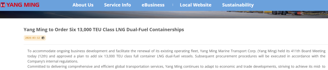Yang Ming to Order Six 13,000 TEU LNG Dual-Fuel Container Vessels - iMarine